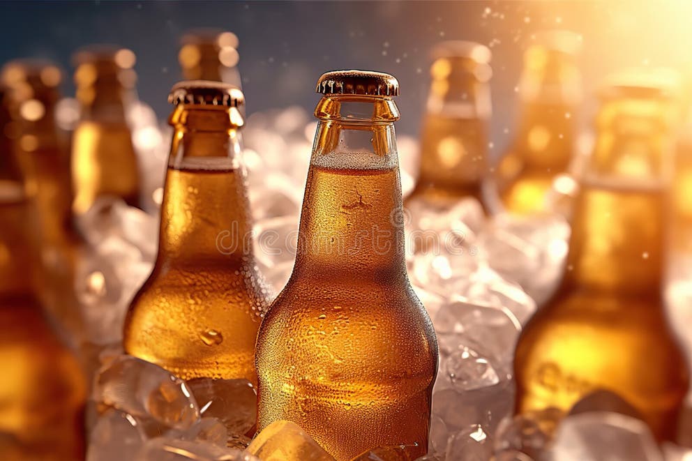 Refreshing Cold Beer Delight Bottles Chilled in Ice Cubes. Created with ...