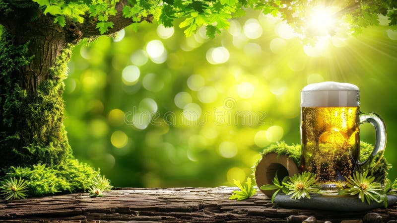 Refreshing Cold Beer Mug on a Tree Trunk in a Lush Green Forest Setting ...