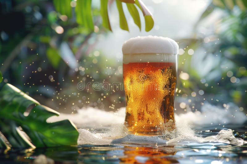 Refreshing Cold Beer Splashing in Lush Tropical Environment Stock Photo ...