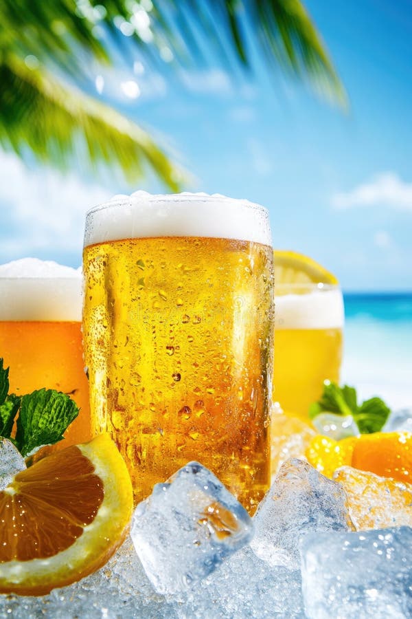 Refreshing Cold Beer on Sunny Beach with Blue Ocean Waves and Clear Sky Stock Photo - Image of ...