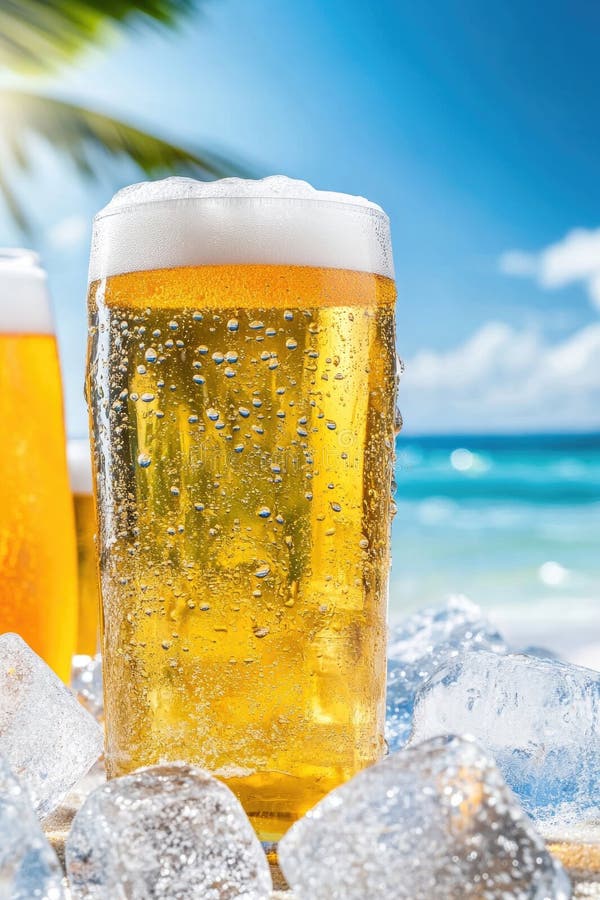 Refreshing Cold Beer on Sunny Beach with Blue Ocean Waves and Clear Sky Stock Photo - Image of ...