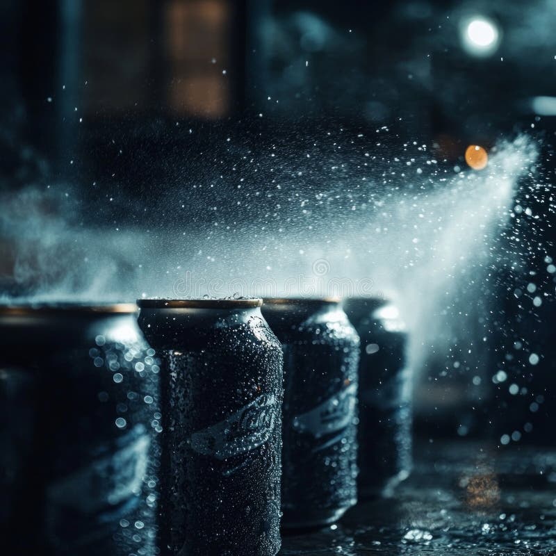 Refreshing Cold Beverage Cans in Dynamic Water Splash at Night Stock ...