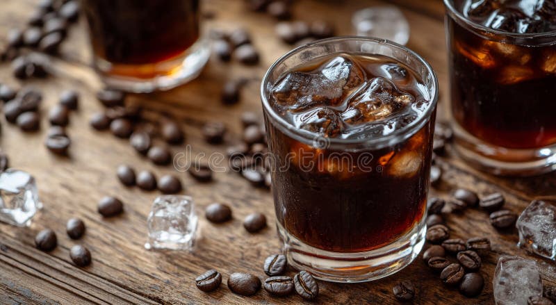 Refreshing Cold Beverage with Ice Cubes and Coffee Beans on a Rustic ...