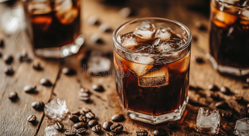 Refreshing Cold Beverage with Ice Cubes and Coffee Beans on a Rustic ...