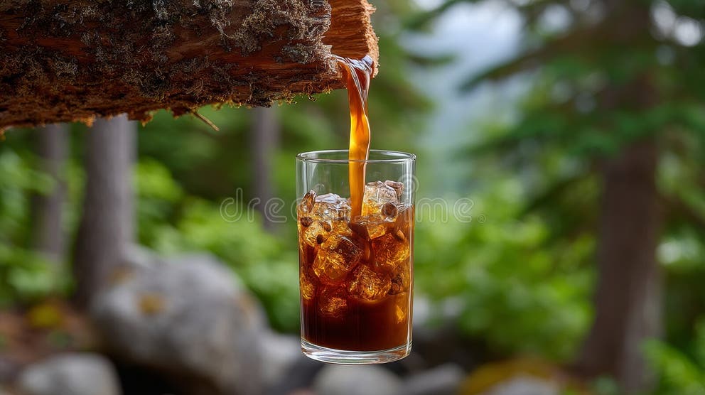 Refreshing Cold Brew Coffee with Ice Pouring from Tree Trunk in Forest ...
