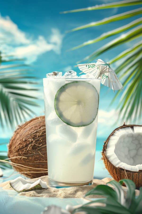 Refreshing Cold Coconut Drink, Cocktail ,Lime with Ice on Tropical ...