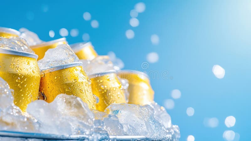 Refreshing Cold Drinks in Golden Cans on Ice with a Sunny Blue ...