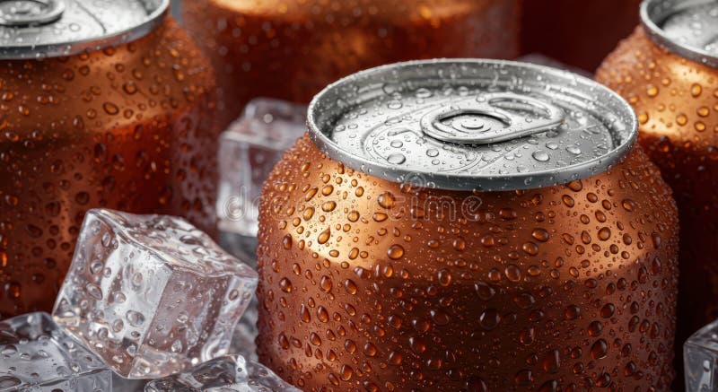 Refreshing Cold Soda Cans with Ice Cubes and Water Droplets Stock Photo ...