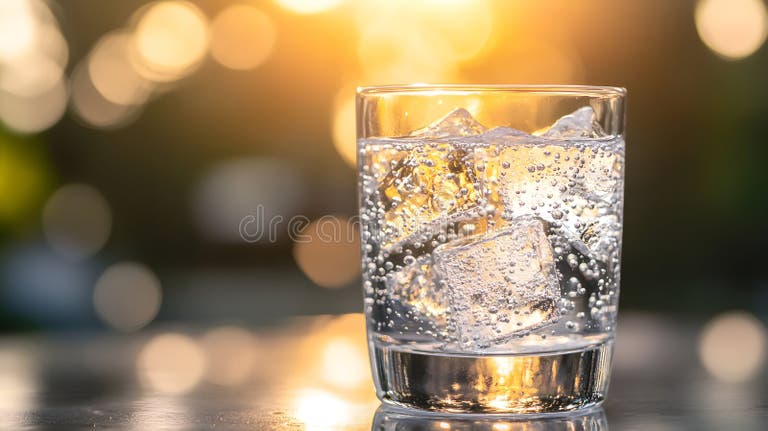 Refreshing Cold Sparkling Water with Ice Cubes in Sunlight Stock Photo ...