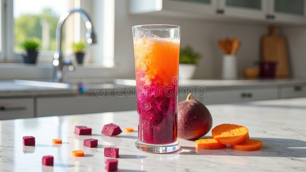 Refreshing Colorful Beet and Orange Juice on a Sunny Kitchen Counter ...