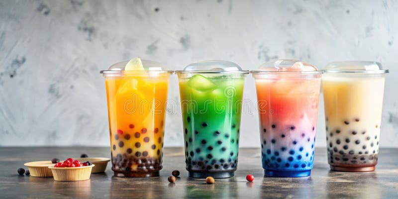 Refreshing Colorful Bubble Tea Drinks in Plastic Cups. Generative AI ...