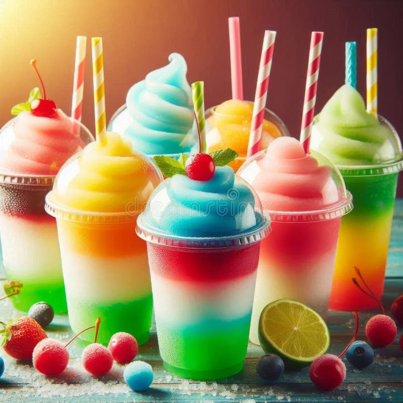 Refreshing and Colorful Frozen Slush Drinks in Plastic Cups with Lids ...