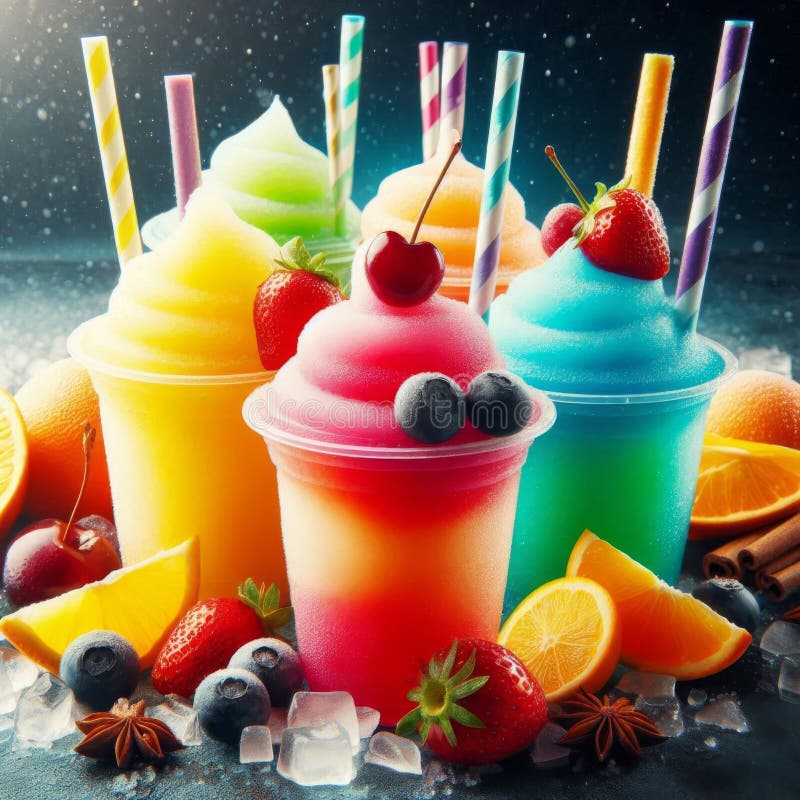 Refreshing and Colorful Frozen Slush Drinks in Plastic Cups with Lids ...