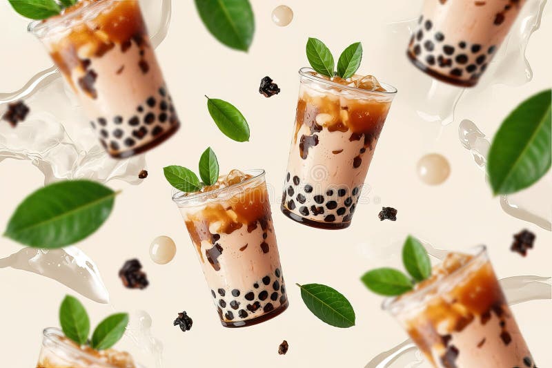 Refreshing Boba Drinks with Ice Cubes and Green Leaves on Cream Color ...