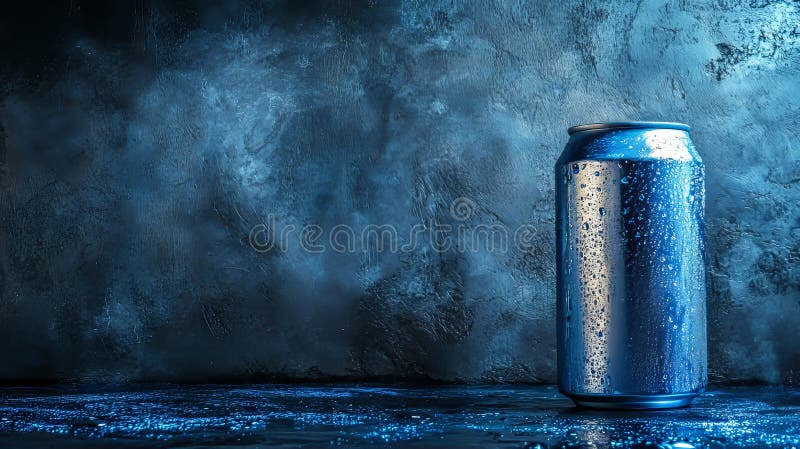 Refreshing Cool Aluminum Can with Condensation on Textured Blue ...