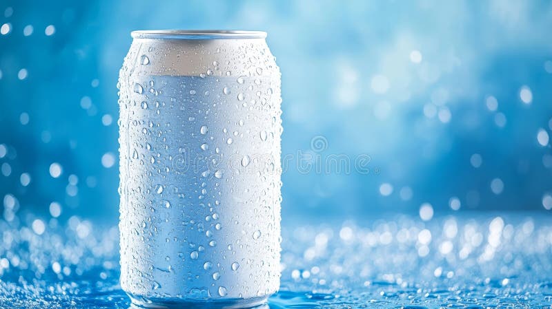 Refreshing Cool Close-up of Condensation Covered Aluminum Can on Blue ...