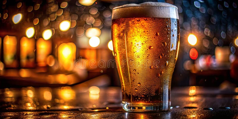 Refreshing Coolness a CloseUp of a Cold Beer in a Lively Nighttime Pub ...