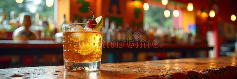 Refreshing Craft Cocktail on Rustic Bar with Warm Lighting in Intimate ...