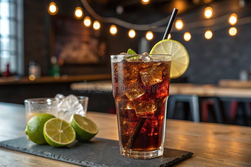 Refreshing Cuba Libre Cocktail with Lime and Ice in a Tall Glass on a ...