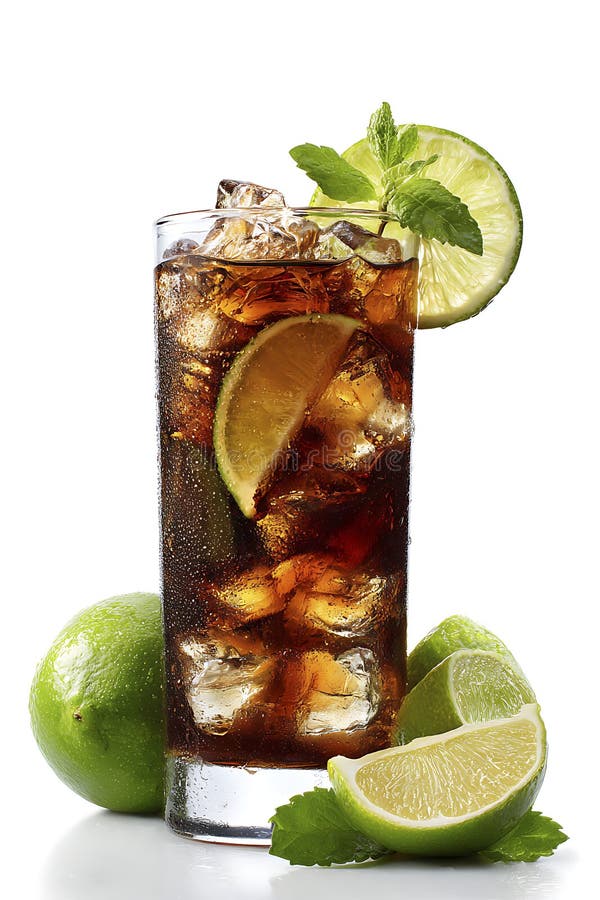 Refreshing Cuba Libre Cocktail with Lime and Ice on White Background ...
