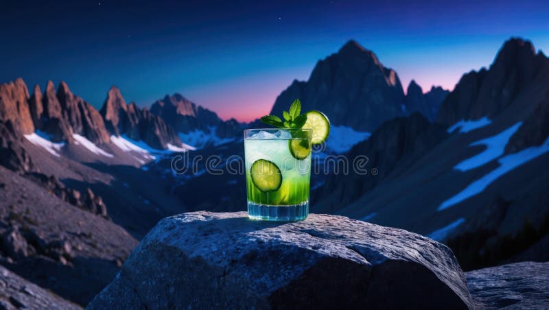 Refreshing Cucumber Mint Cocktail at Sunset Mountaintop Stock ...