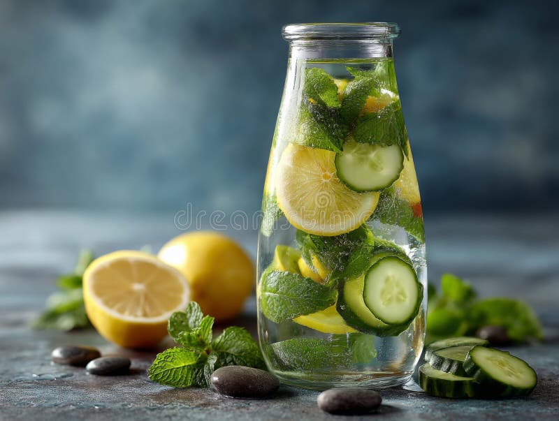 Refreshing Cucumber Lemon Mint Infused Water in Glass Bottle Stock ...
