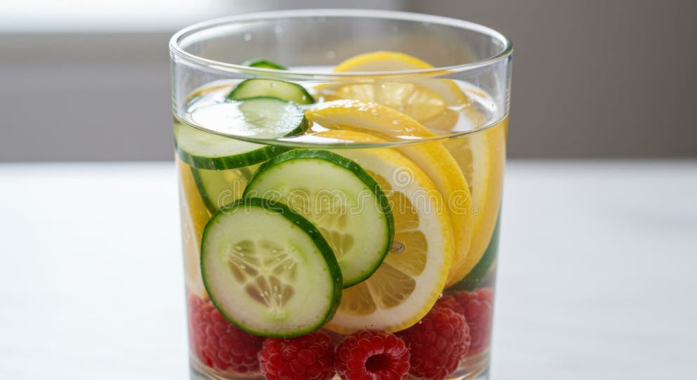 Refreshing Cucumber Lemon Raspberry Infused Water Stock Photo - Image ...