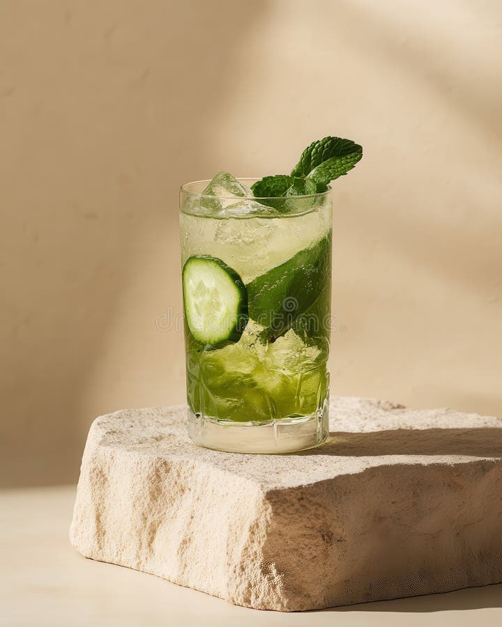 A Refreshing Cucumber Mint Drink Served Over Ice in a Clear Glass on a ...