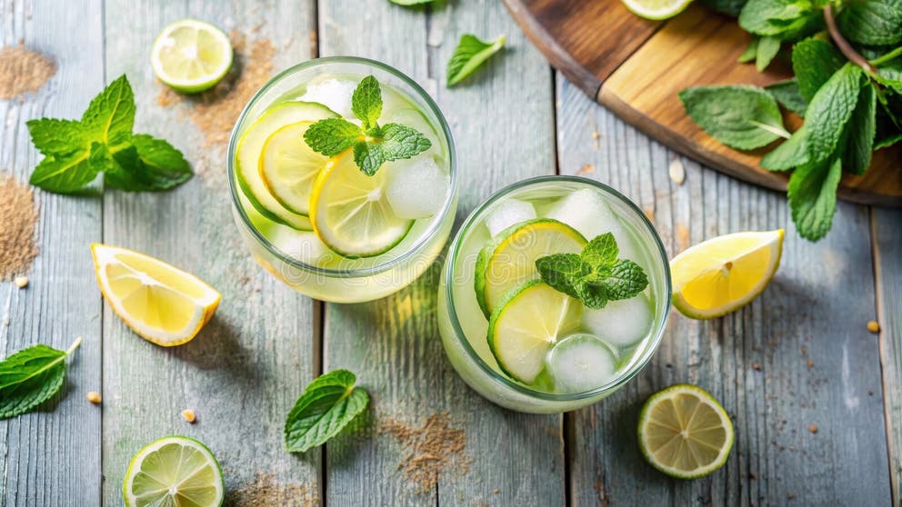 Refreshing Cucumber Mint Limeade Drinks on Rustic Wood. Generative AI Stock Illustration ...