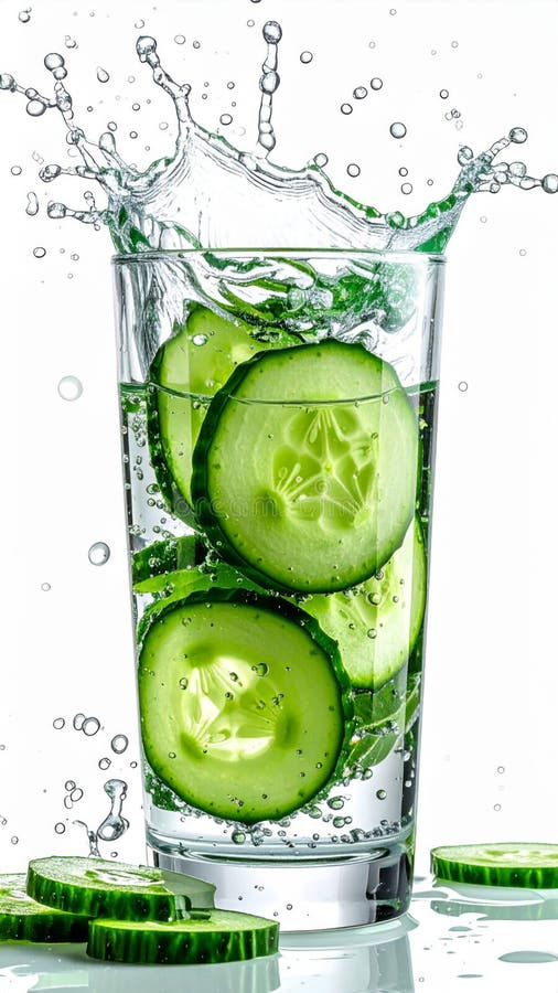 Refreshing Cucumber Water in Glass with Splash Stock Illustration ...