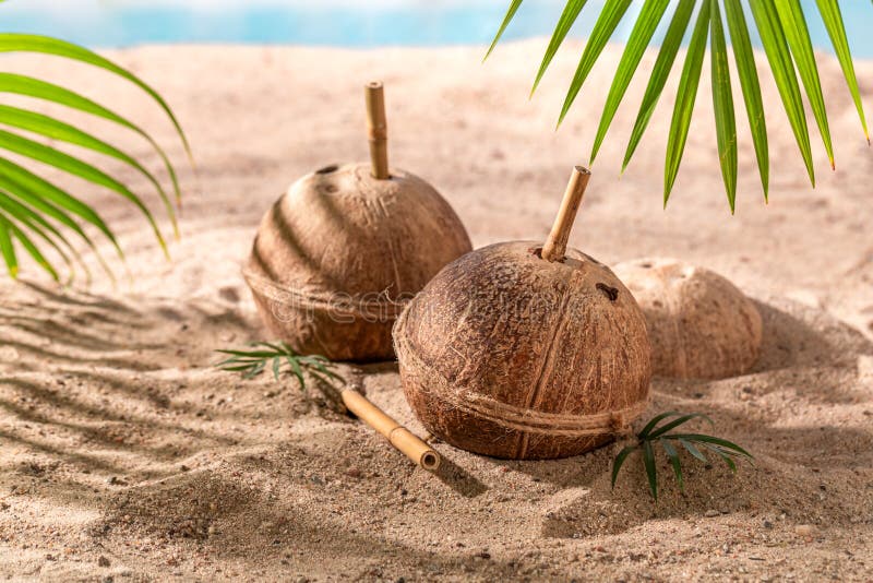 Refreshing and Delicious Coconut Milk in Shell Served with Straw Stock ...