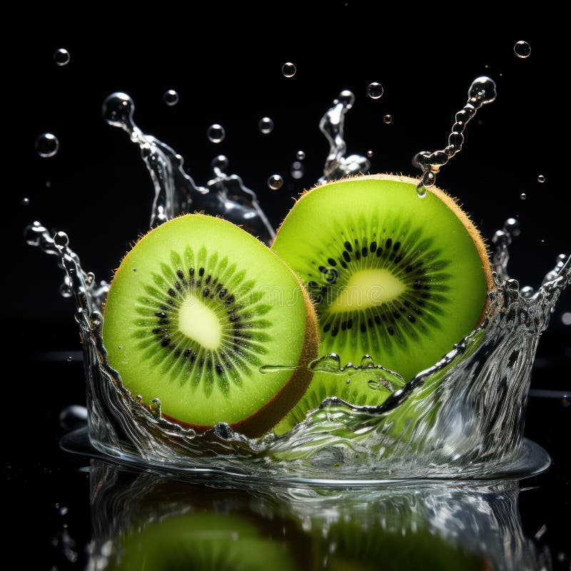 Refreshing Delight: Splashing Water Drops on a Cut Kiwi. Generative Ai ...