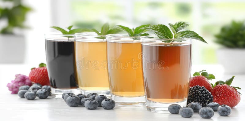 Refreshing Display, Row of Iced Beverages Arranged with Assorted ...