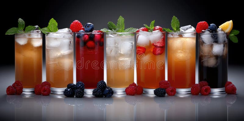 Refreshing Display, Row of Iced Beverages Arranged with Assorted ...