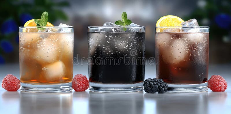 Refreshing Display, Row of Iced Beverages Arranged with Assorted ...