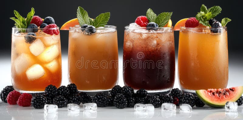 Refreshing Display, Row of Iced Beverages Arranged with Assorted ...
