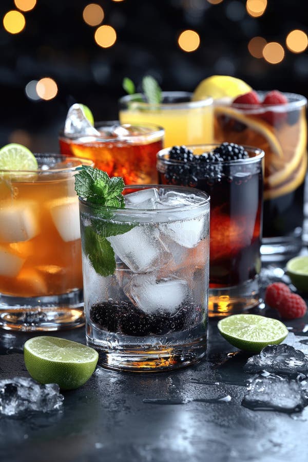 Refreshing Display, Row of Iced Beverages Arranged with Assorted ...