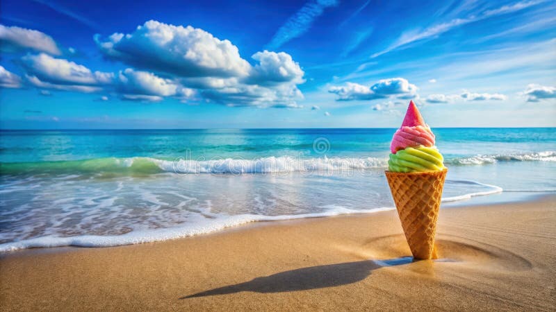 A Refreshing Double Scoop Ice Cream Cone on a Sandy Beach with Ocean ...