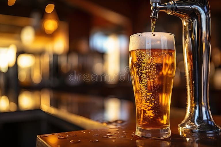 Refreshing Draft Cold Beer Pouring into a Glass from the Tap in a ...