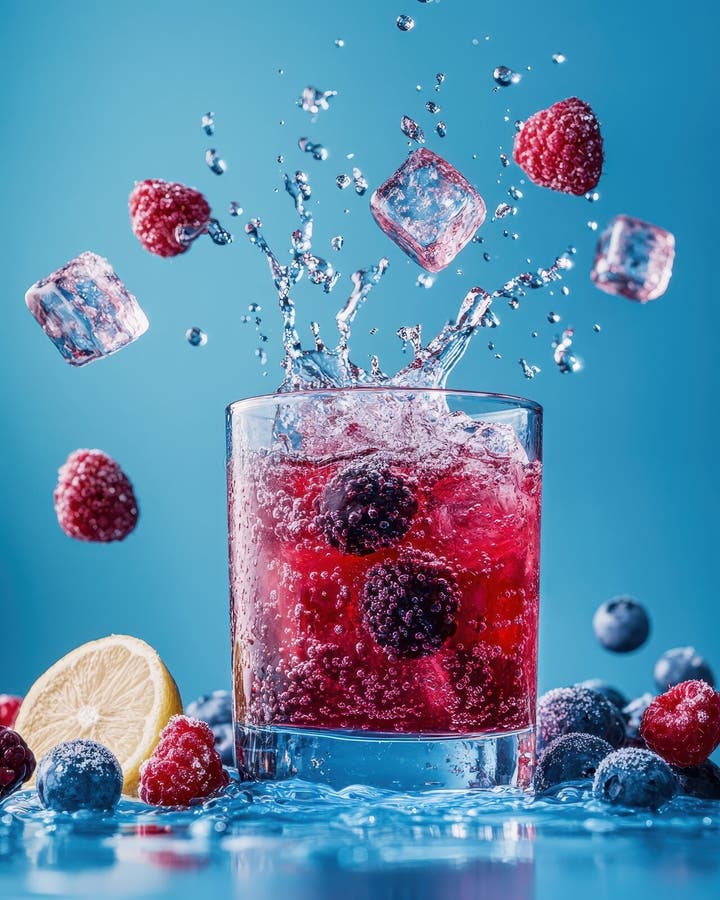 A Refreshing Drink with Berries and Ice, Creating a Splash Against a ...