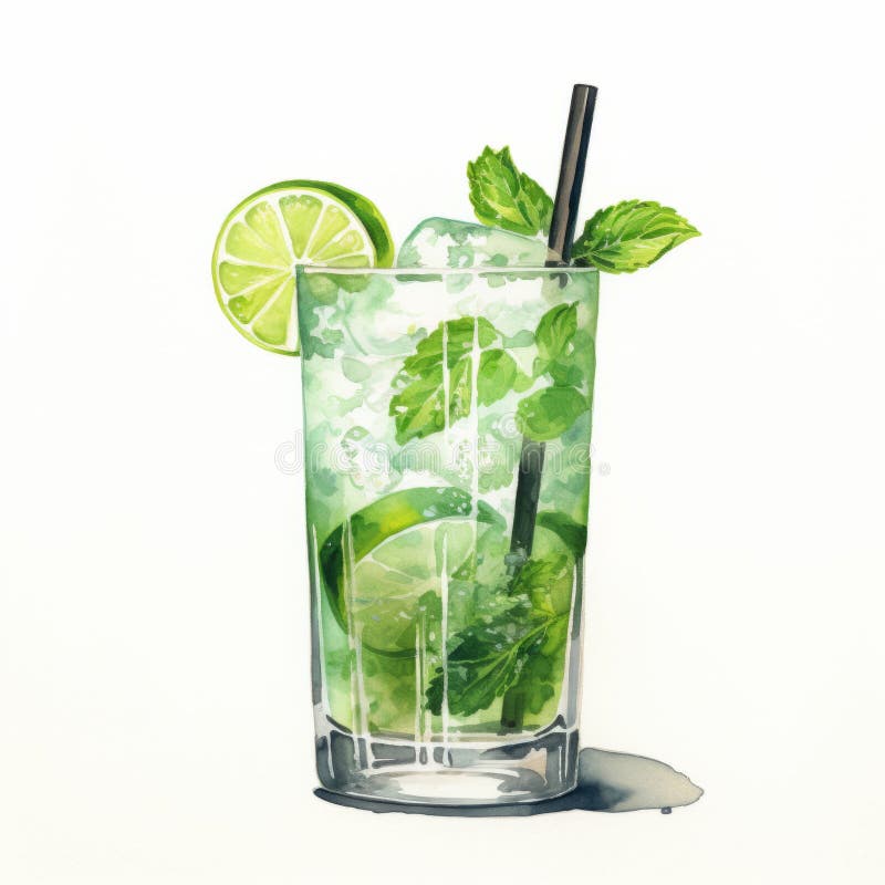 Realistic Watercolor Illustration of Mojito Cocktail Stock Illustration ...