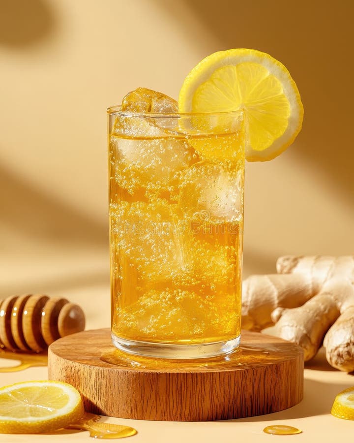 A Refreshing Drink with Ginger, Honey, and Lemon, Served Over Ice in a ...