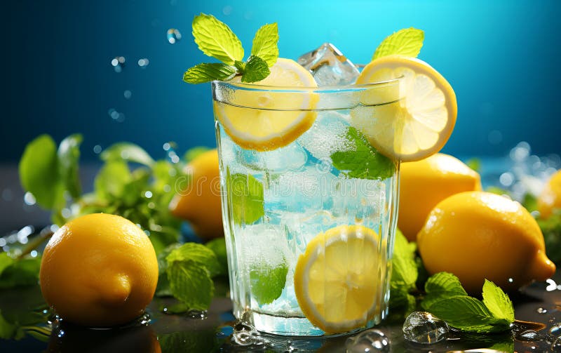 Refreshing Drink with Ice, Lemon and Mint. Cold Lemonade on Light Blue ...