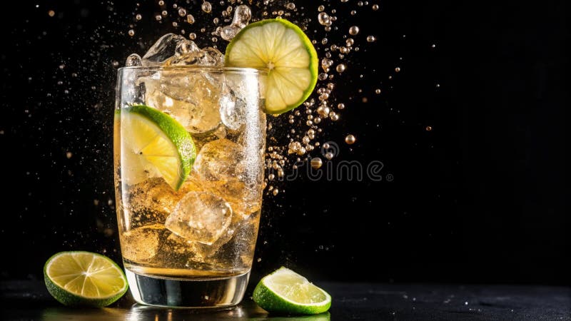 A Refreshing Drink with Ice and Lime Slices, Creating a Splash Stock ...