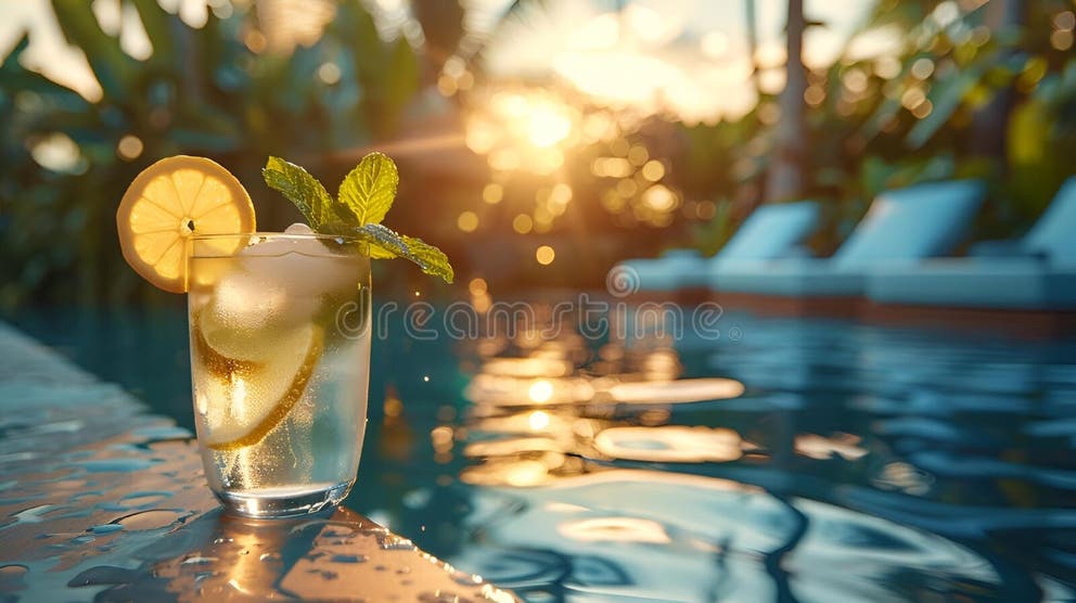 Refreshing Drink with Ice by the Poolside at Twilight, AI-generated ...