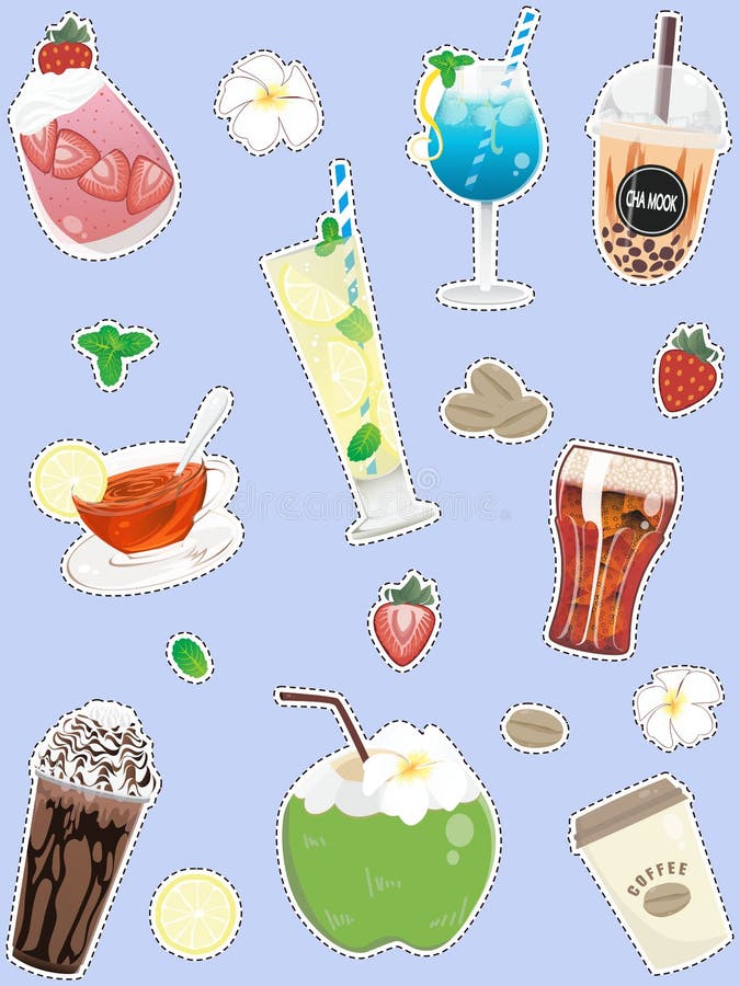 Refreshing Drinks Cute Icon Set-Sticker Dash Frame Style Stock Vector ...