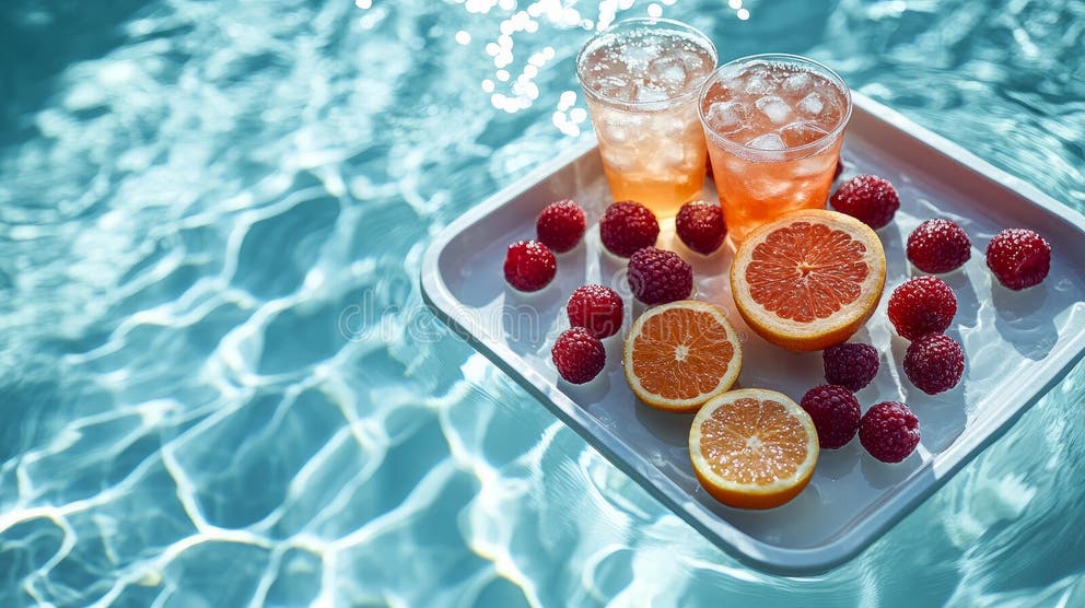 Refreshing Drinks and Fruits on a Tray by the Pool in Summer. Stock ...
