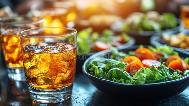 Refreshing Drinks and Healthy Salad on a Table Stock Image - Image of ...