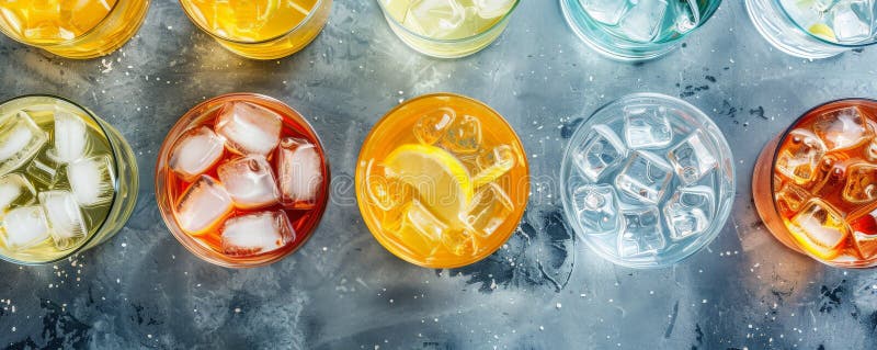 Refreshing Drinks with Ice Seen from Above on a Gray Surface, Arranged ...
