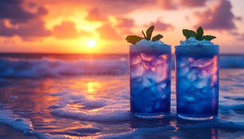 Refreshing Drinks at Sunset by the Ocean Stock Photo - Image of ...